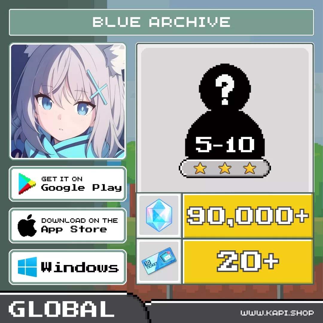 ไอดี Blue Archive (Global) - 90,000+ Pyroxene + สุ่มตัวละคร 3 ดาว 5-10 ตัว